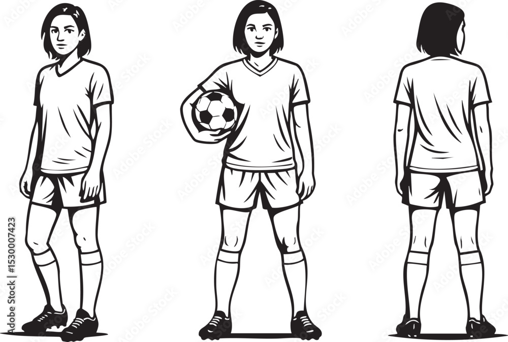 Female soccer player lineup characters front and back standing poses ...