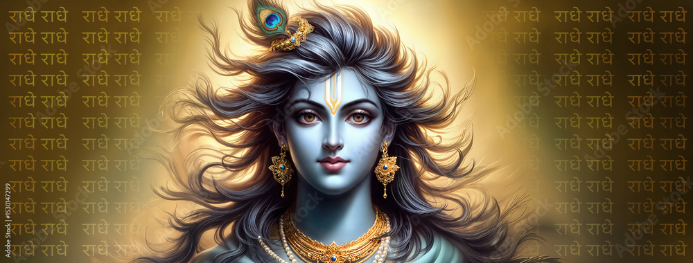 Krishna Ji Close up Pose with Big Hairs and Radhe Radhe Written in ...