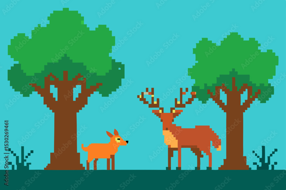 Stock-Vektorgrafik „Pixel Art Deer Family in a Forest 8-bit Nature ...