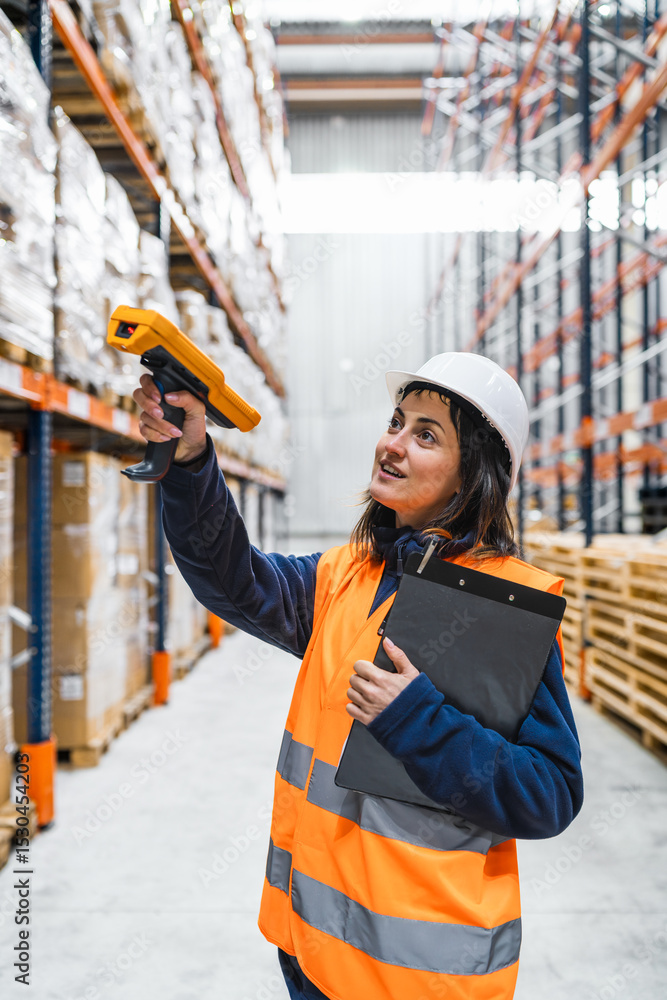 Warehouse worker scanning high shelves with barcode reader, managing ...