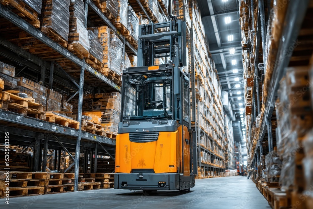 Reach truck in modern warehouse with racks filled with boxes on pallets ...