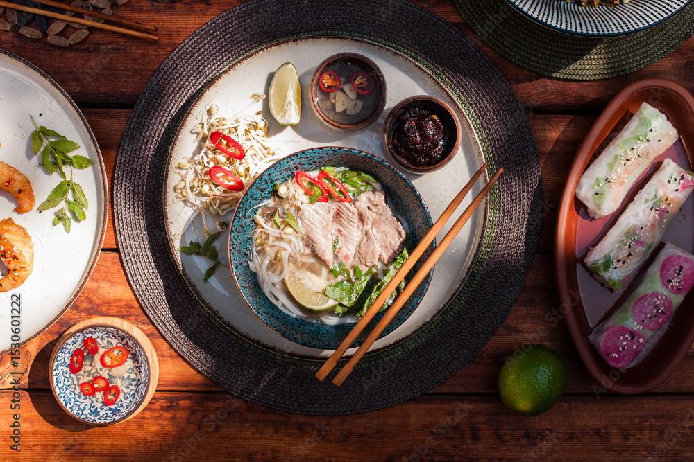 Authentic Vietnamese cuisine including pho bo, spring rolls with shrimp ...