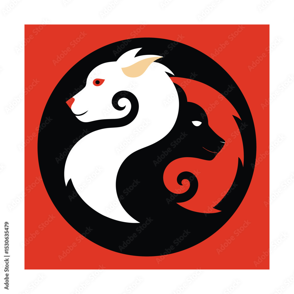 Yin yang symbol with wolves representing balance and harmony in a red ...