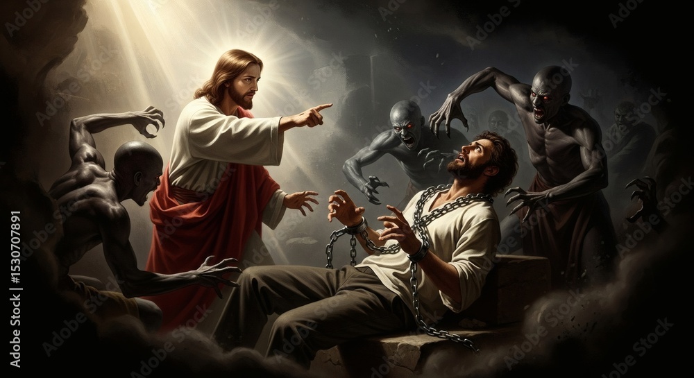 Jesus Christ commanding the evil spirits to depart, freeing a man ...