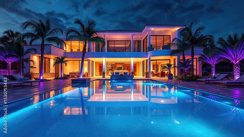 Modern Florida Tropical Mansion Exterior Design with Blue & Purple LED ...