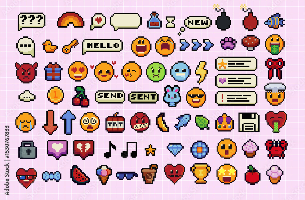 Pixels Y2k funny playful emoticon stickers. Love, kiss, melting smile ...