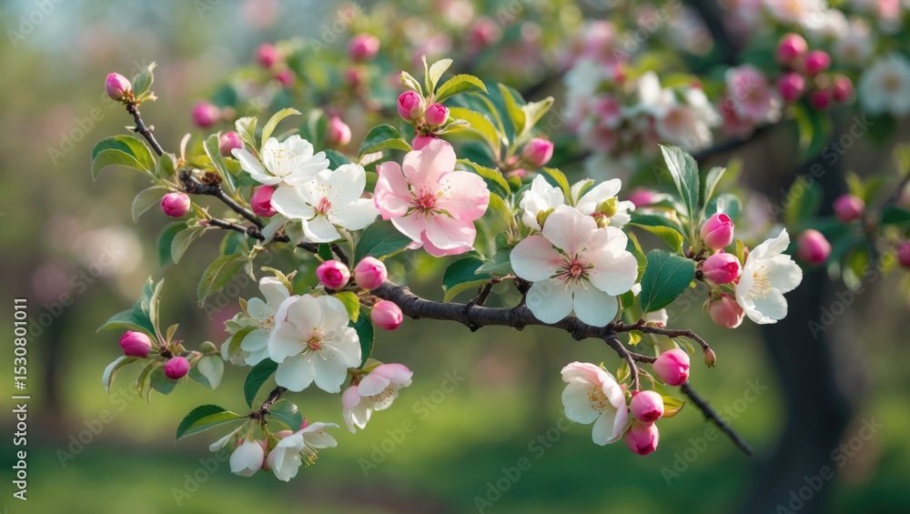 Apple blossom, buds, and open flowers depicted in various stages of ...