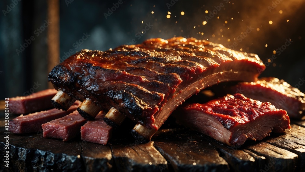 Marinated and sliced barbecue burnt chuck beef ribs topped with hot ...