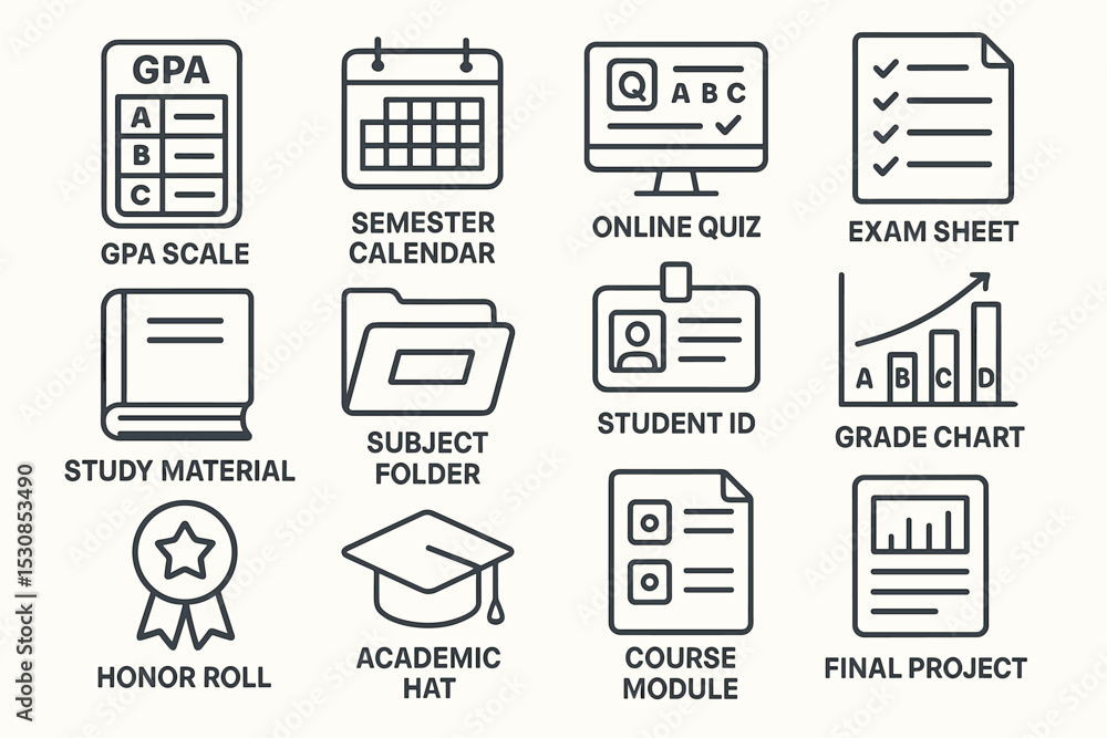 Educational icons: gpa scale, calendar, quiz, exam, study material ...
