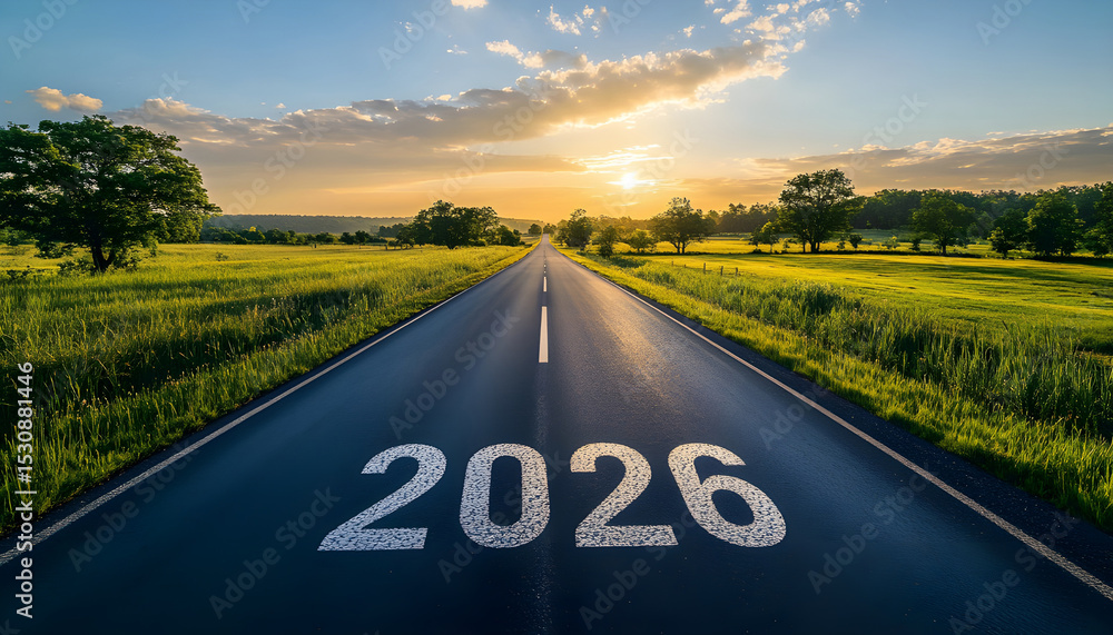 The end of an empty road path and the start of a new year in 2026. New ...