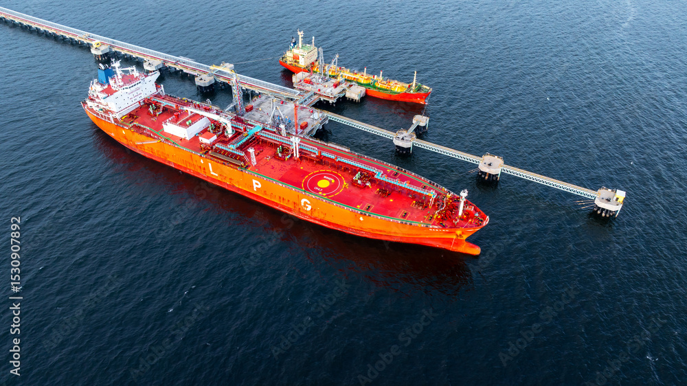 Fotografie Aerial view LPG gas tanker ship at oil and gas terminal ...