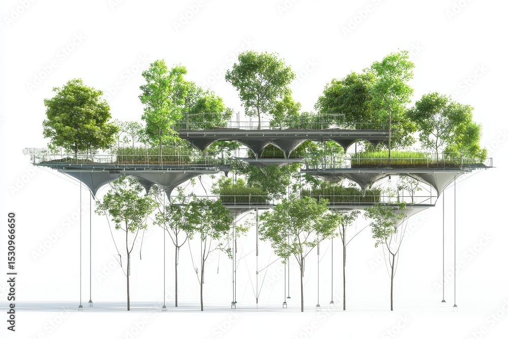 Technical schematic of a forest canopy water collection system showing layered leaf catchers ...