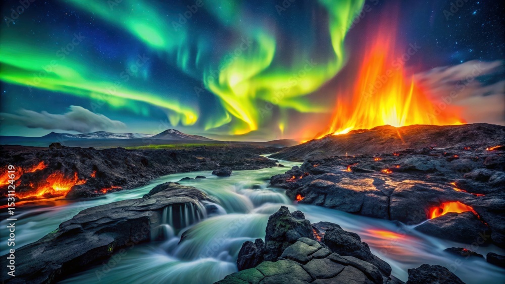 Icelandic Volcano Eruption & Aurora Borealis A Celestial Dance of Fire ...