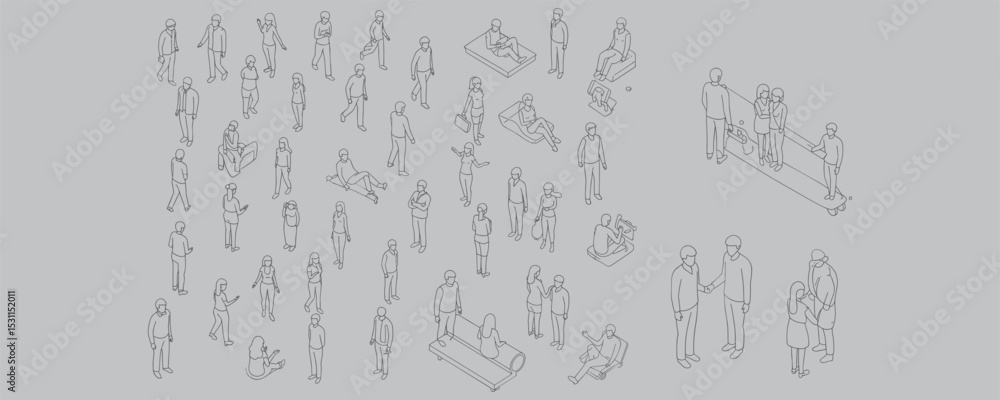 Isometric vector illustration of people in various poses, walking ...