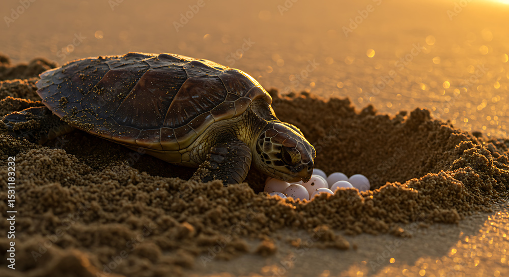 Photo Stock Baby Sea Turtle Emerging from Nest on Sandy Beach at Sunset ...