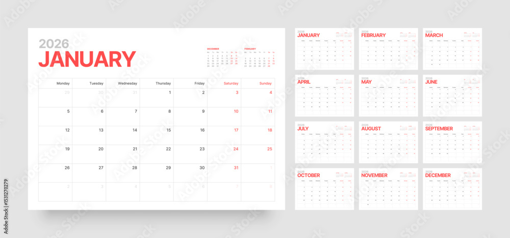 Monthly calendar layout for 2026 year. Diary planner for 2026 year ...