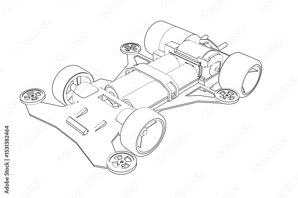 Vintage Mini 4WD Technical Drawing - Monochrome Line Art Vehicle ...