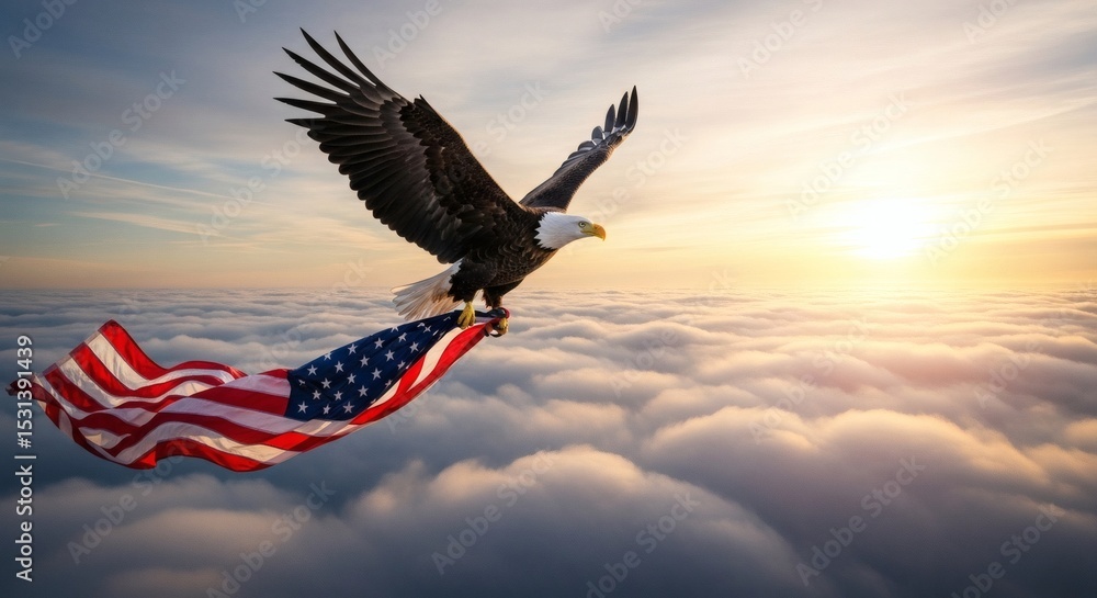Majestic Bald Eagle Soaring Above Clouds with American Flag A Symbol of ...