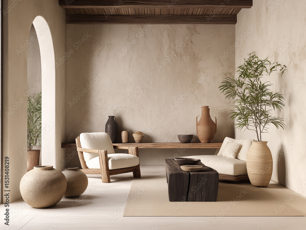 Wabi sabi and japandi japanese style rustic interior in white and ...