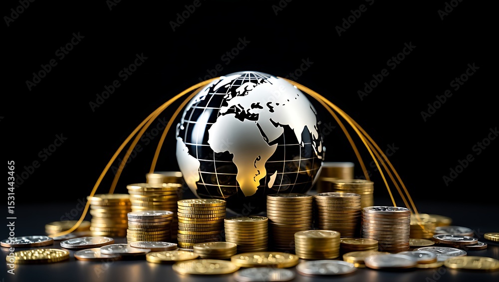 A silver globe sits atop stacks of gold coins, symbolizing global ...