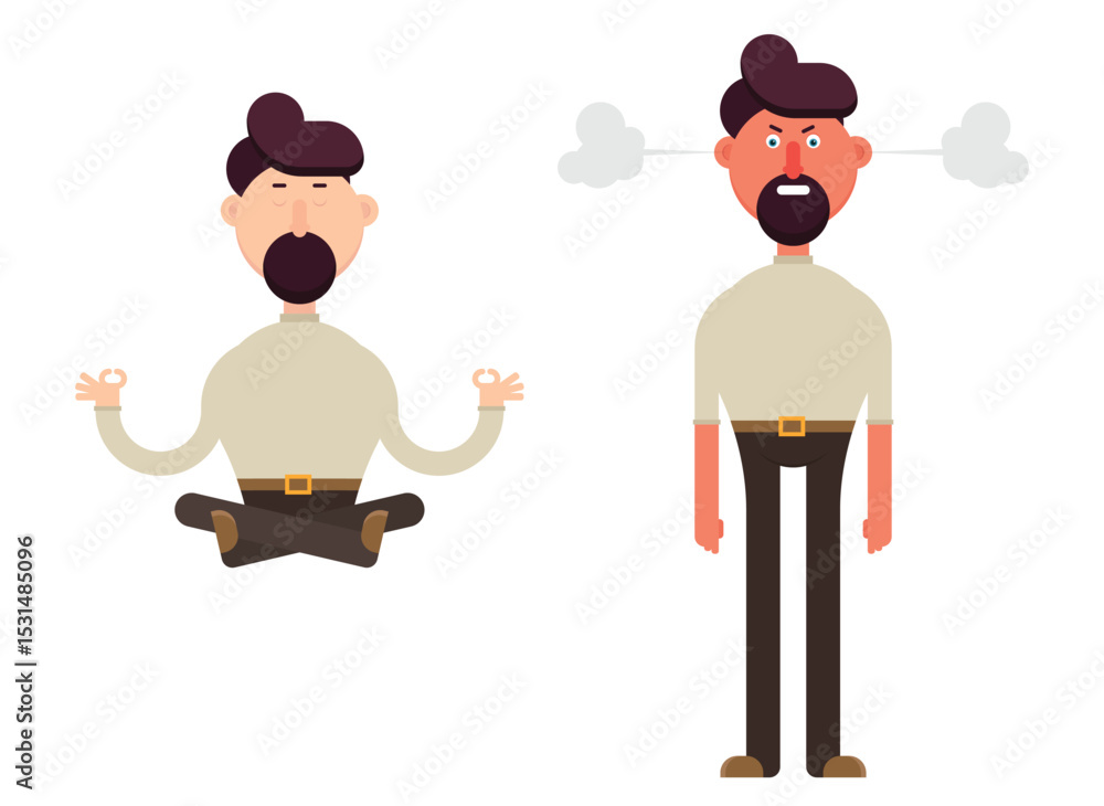 Cartoon man showcasing two emotional states: a serene, meditative pose ...