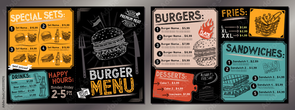 Vintage burger restaurant menu template - A4 card (burgers, sandwiches ...