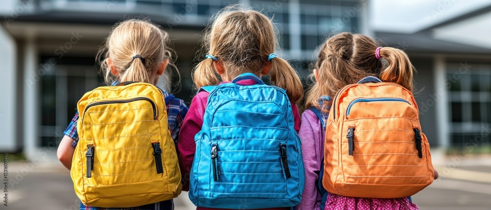 Three young girls with colorful backpacks stand facing away from the ...