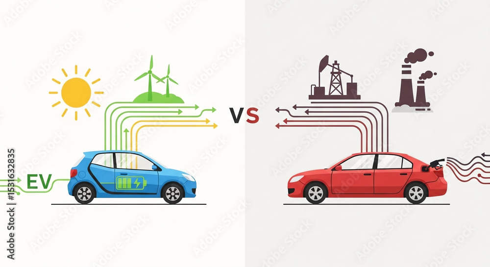 SidebySide Diagram Electric Vehicle Powered by Renewable Energy vs ...