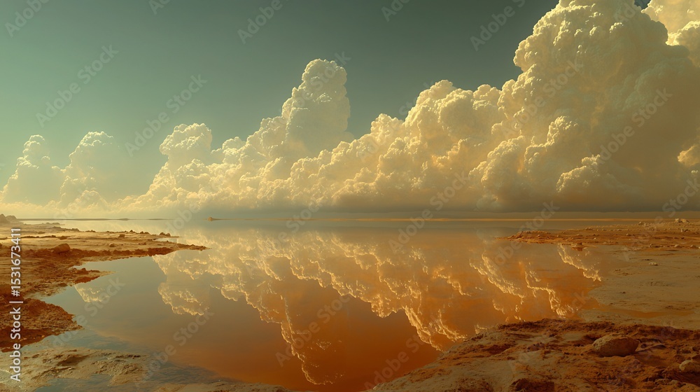 Wide angle cinematic render of Titan reflective methane lakes and ...