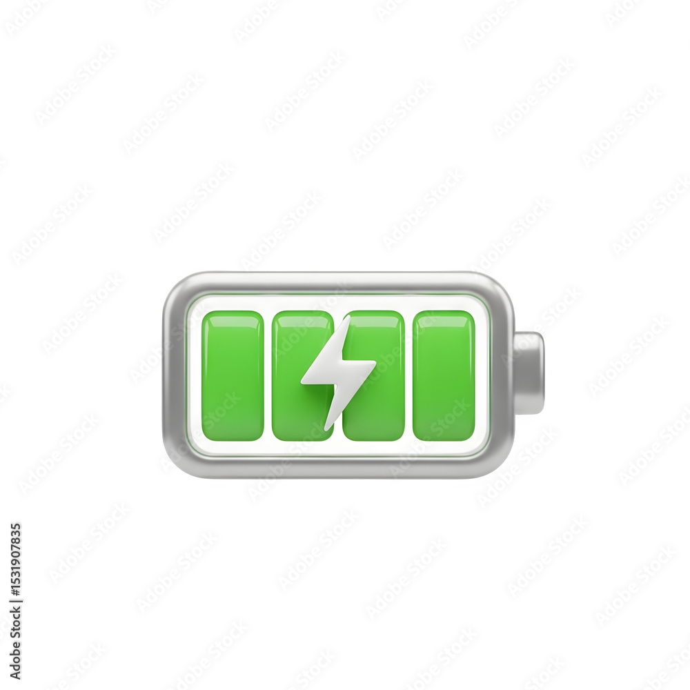 3D Full Battery Icon - Charged Energy Symbol with Lightning Bolt, Power ...