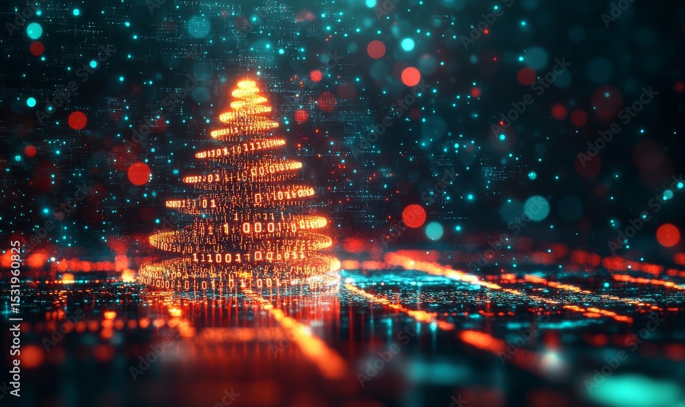 festive Christmas banner featuring a glowing digital tree made of ...