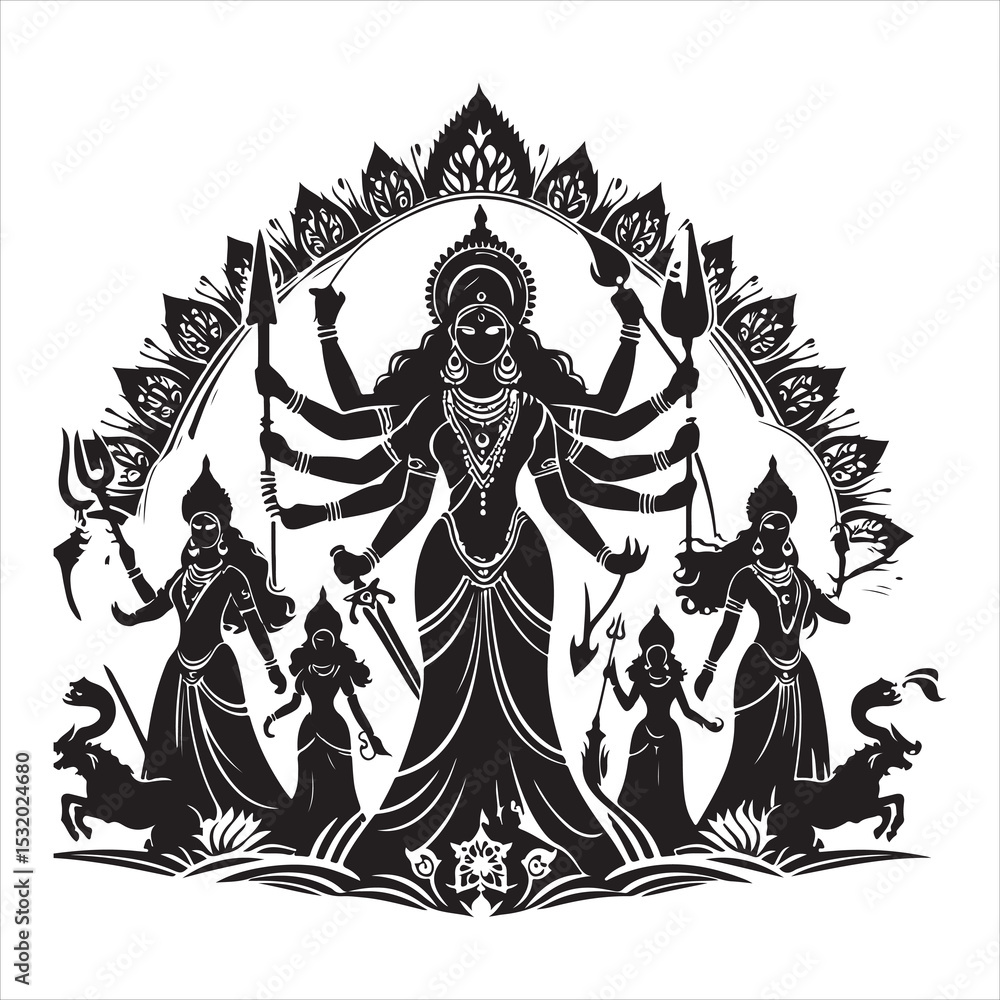Maa Durga in Silhouettes The Symbol of Strength and Protection, black ...