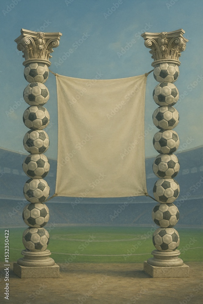 Football stadium banner mockup between soccer ball columns Stock ...