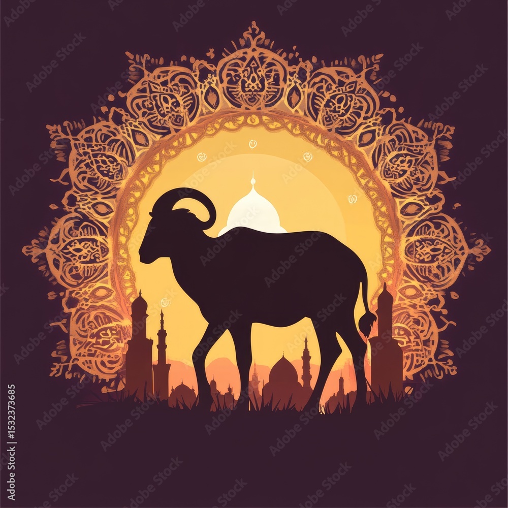 Silhouette of a ram in a mandala-style frame, evocative of Islamic art ...