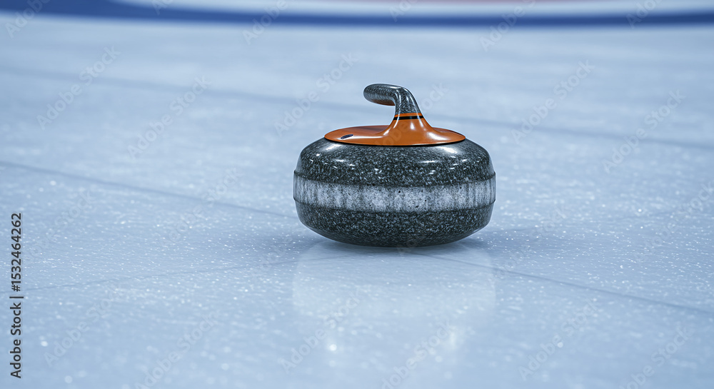 Curling stone on ice sheet with orange handle and polished surface ...