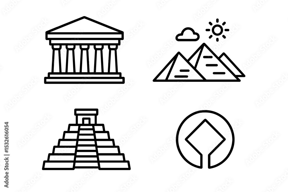 Ancient architecture symbols: greek temple, pyramids, mayan pyramid ...