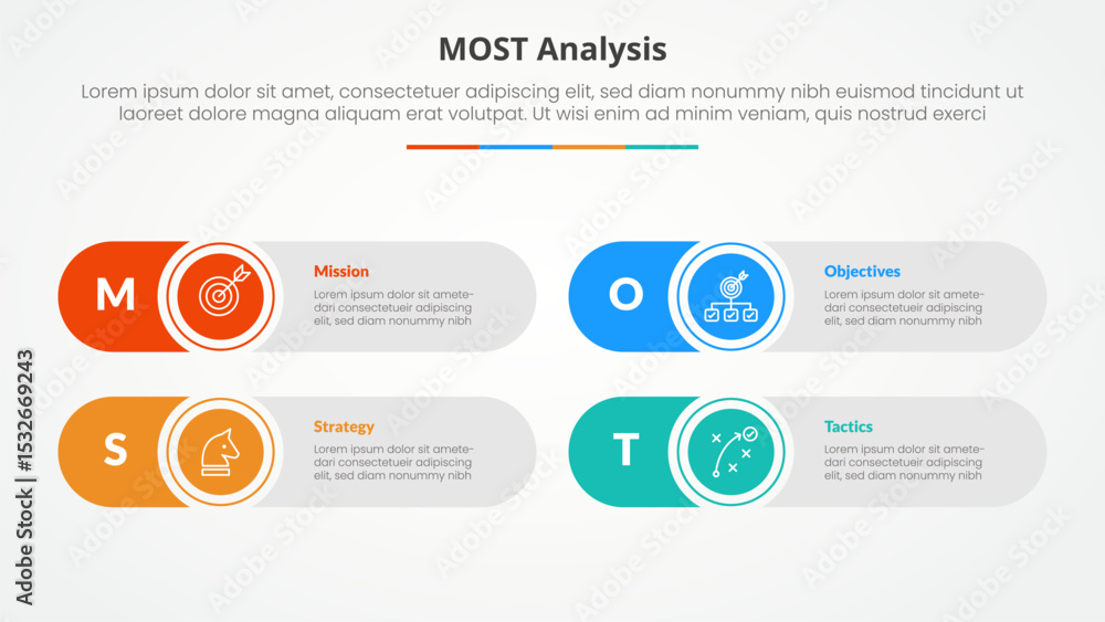 MOST analysis infographic concept for slide presentation with round ...