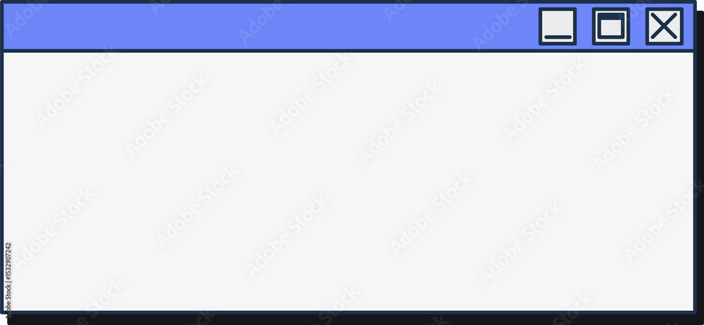 Showing flat design window with blue title bar, white area, control ...