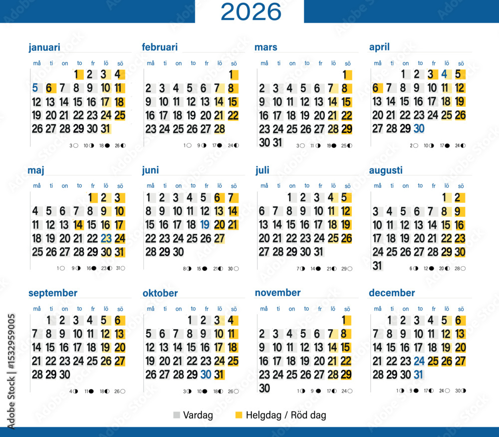 Minimal 2026 wall-calendar in Swedish showing Swedish public holidays ...