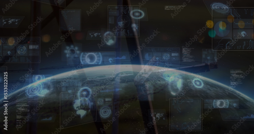 Displaying Earth horizon through station window, with holographic UI ...