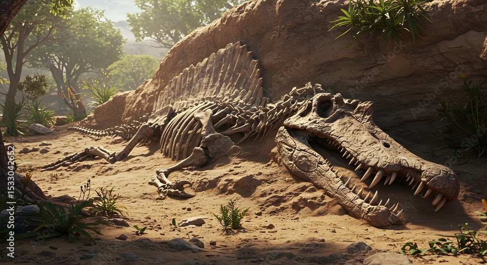 Spinosaurus Fossil Embedded in Sedimentary Rock: Ancient Bones ...