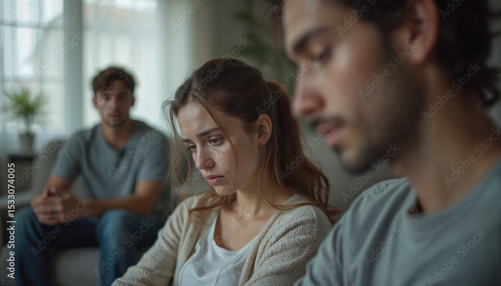 Sad woman, men on background. Illustration domestic violence ...