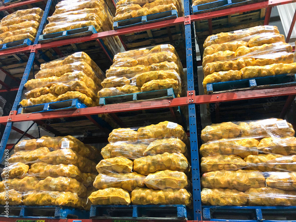 Pallets of 50 pound onion sacks stacked in distribution centre ready ...