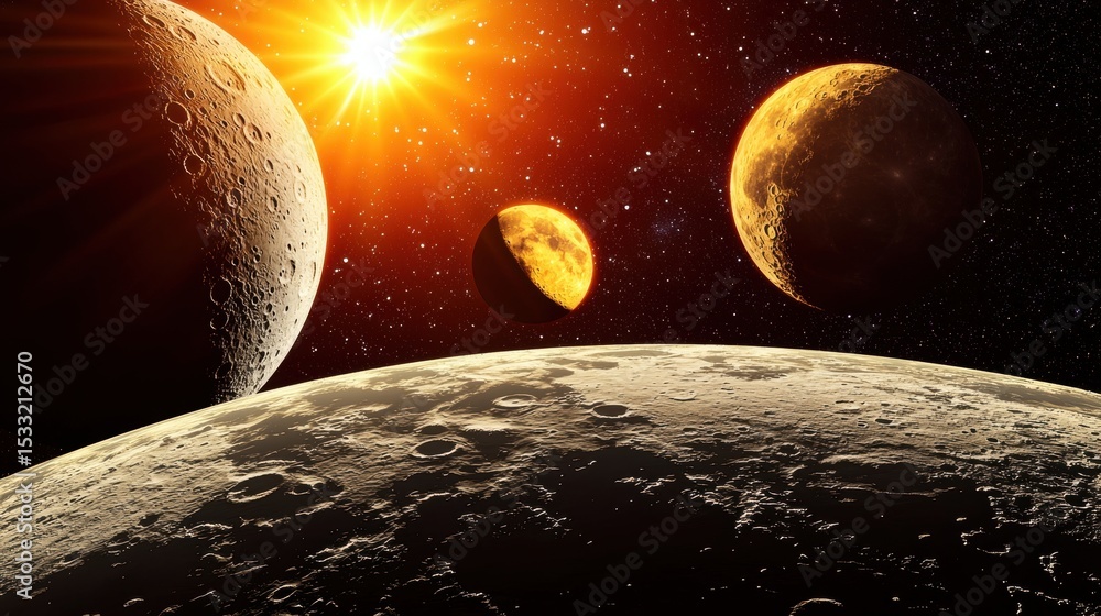 Dramatic rendering depicts four varied moons illuminated by a distant ...