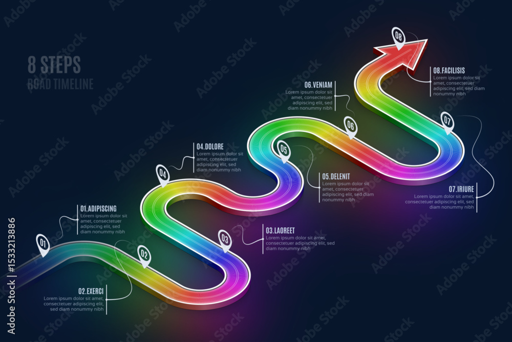 Isometric navigation map infographic 8 steps timeline concept. Winding ...