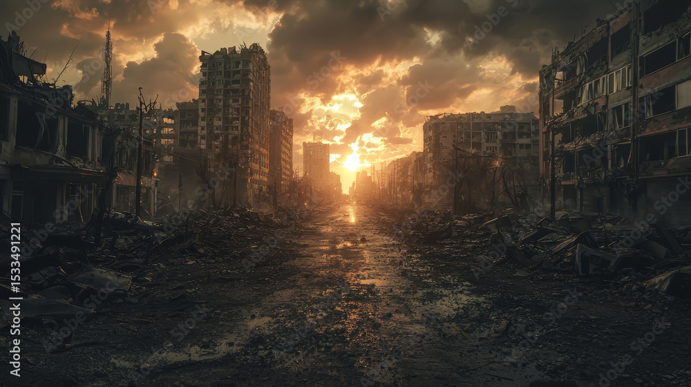 Empty street of burnt up city. Apocalyptic view of city downtown as ...