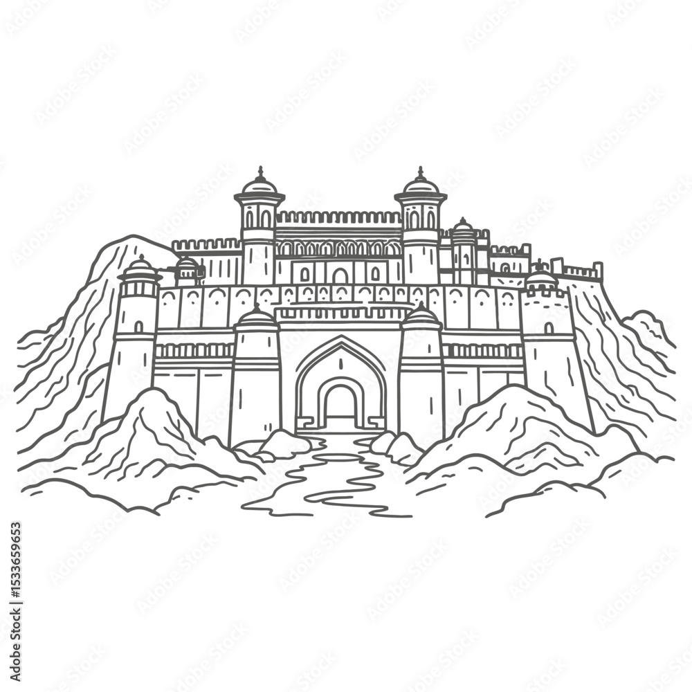 Jaisalmer Fort Rajasthan Line Art Illustration, Detailed Black and ...
