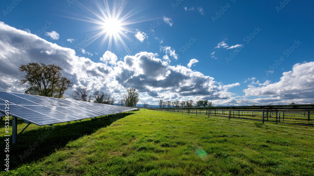 Foto de Stock Solar farm and sun light. Solar power for green energy ...