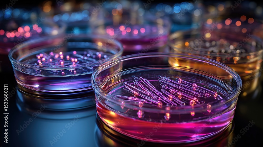 Foto de Stock Growing bacteria in Petri dishes on agar gel. Scientific ...