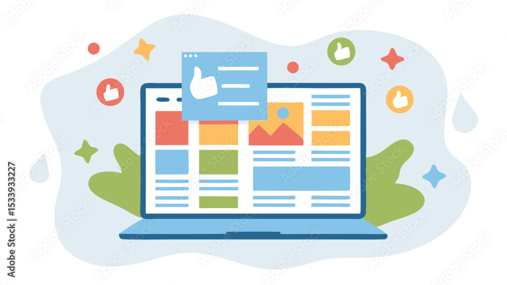 Laptop displaying a grid layout with a like icon and various colorful ...